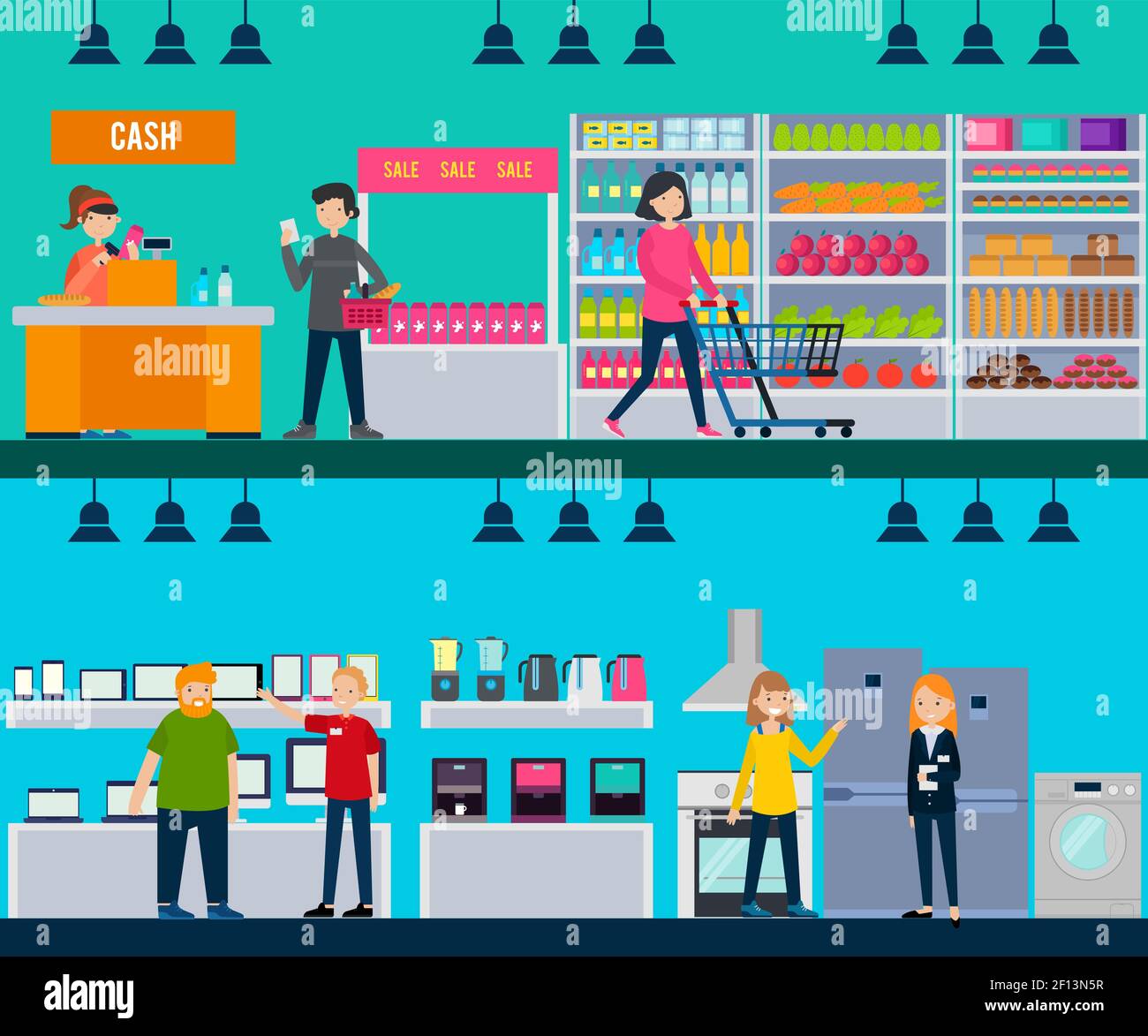 People in shop horizontal banners with customers and workers in grocery ...