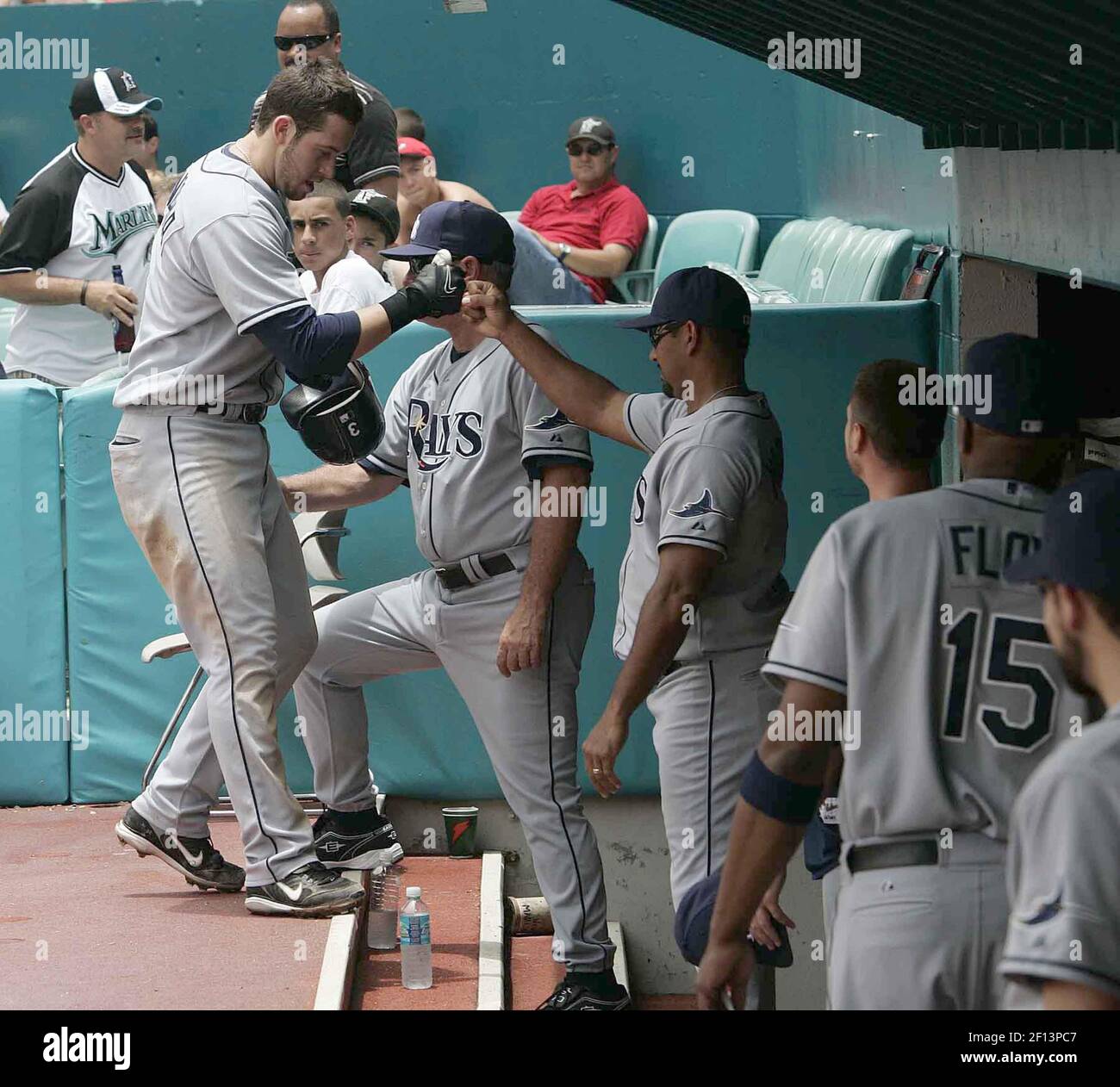 Tampa Bay Devil Rays' Bay Evan Longoria celebrates in the dugout with ...