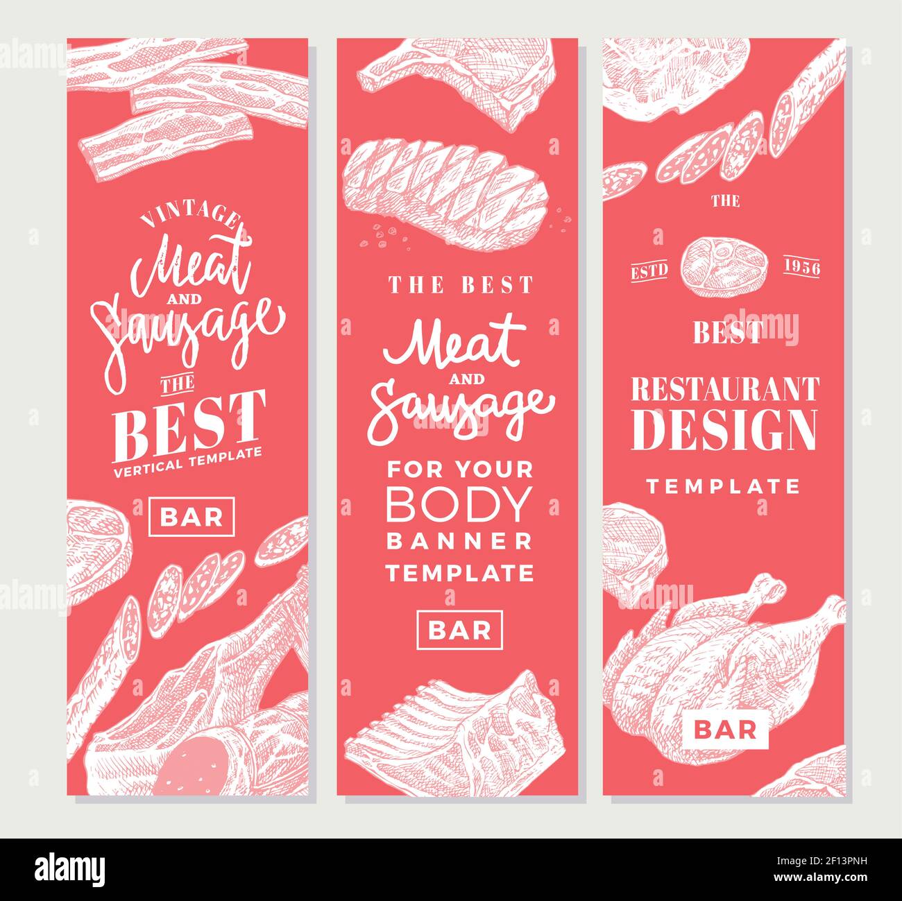 Hand drawn meat vertical banners with chicken beef pork bacon sausages ...