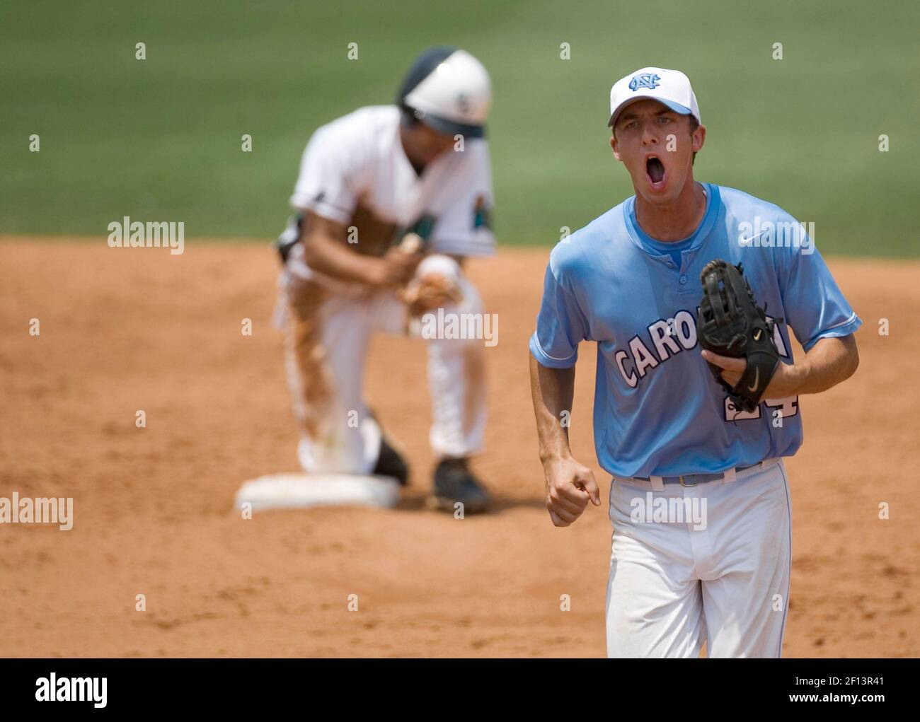 North Carolina shortstop Ryan Graepel (24) lets out after turning a ...
