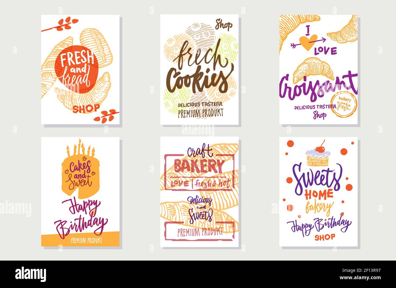 Sketch premium bakery posters with colorful inscriptions and fresh ...