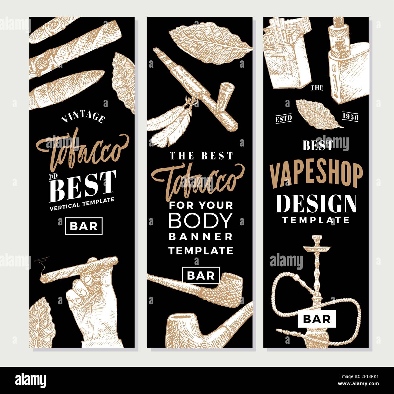 Vintage tobacco vertical banners with hand drawn smoking accessories ...