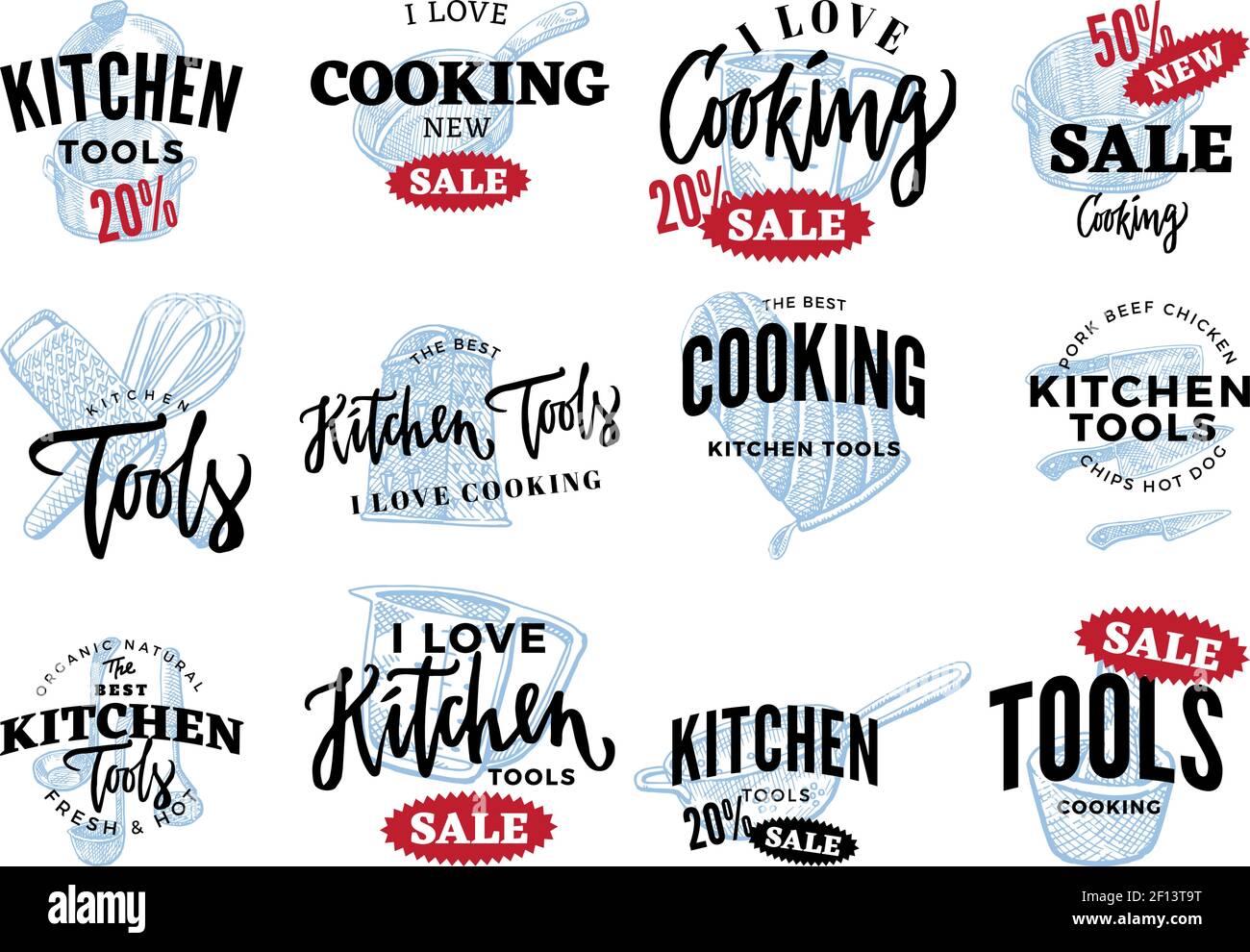 Kitchen equipment sale logos set with black inscriptions and sketch ...