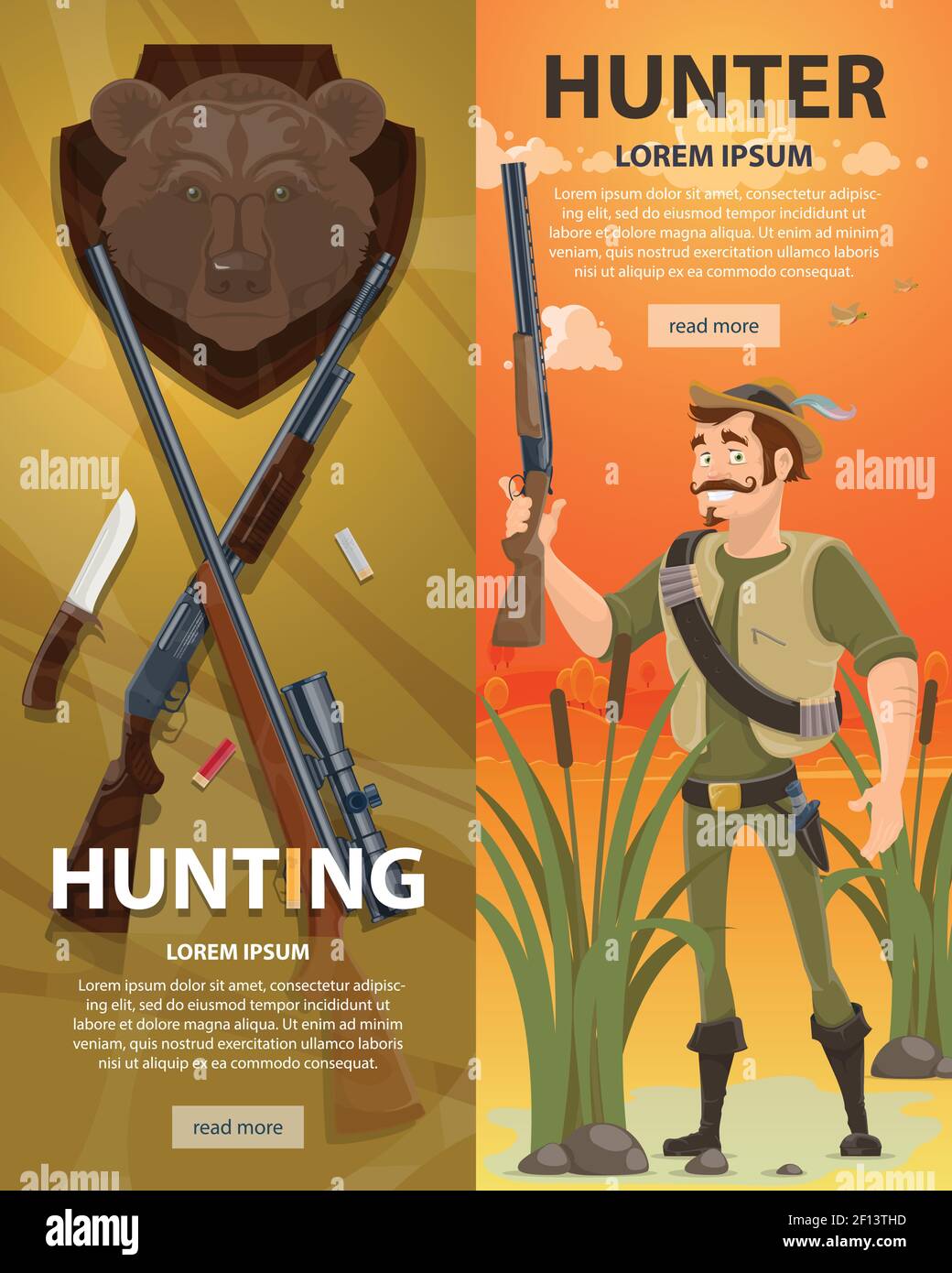 Colorful hunting vertical banners with shotgun rifle knife bear head ...