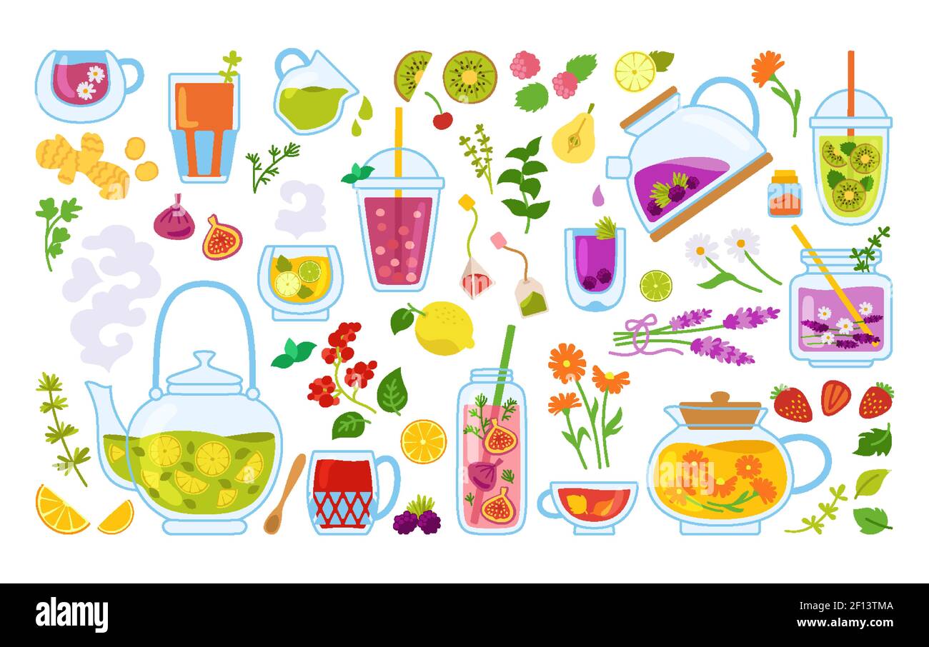 Cup of tea and cocktails cartoon set. Tea time mug teapot and herbs ...