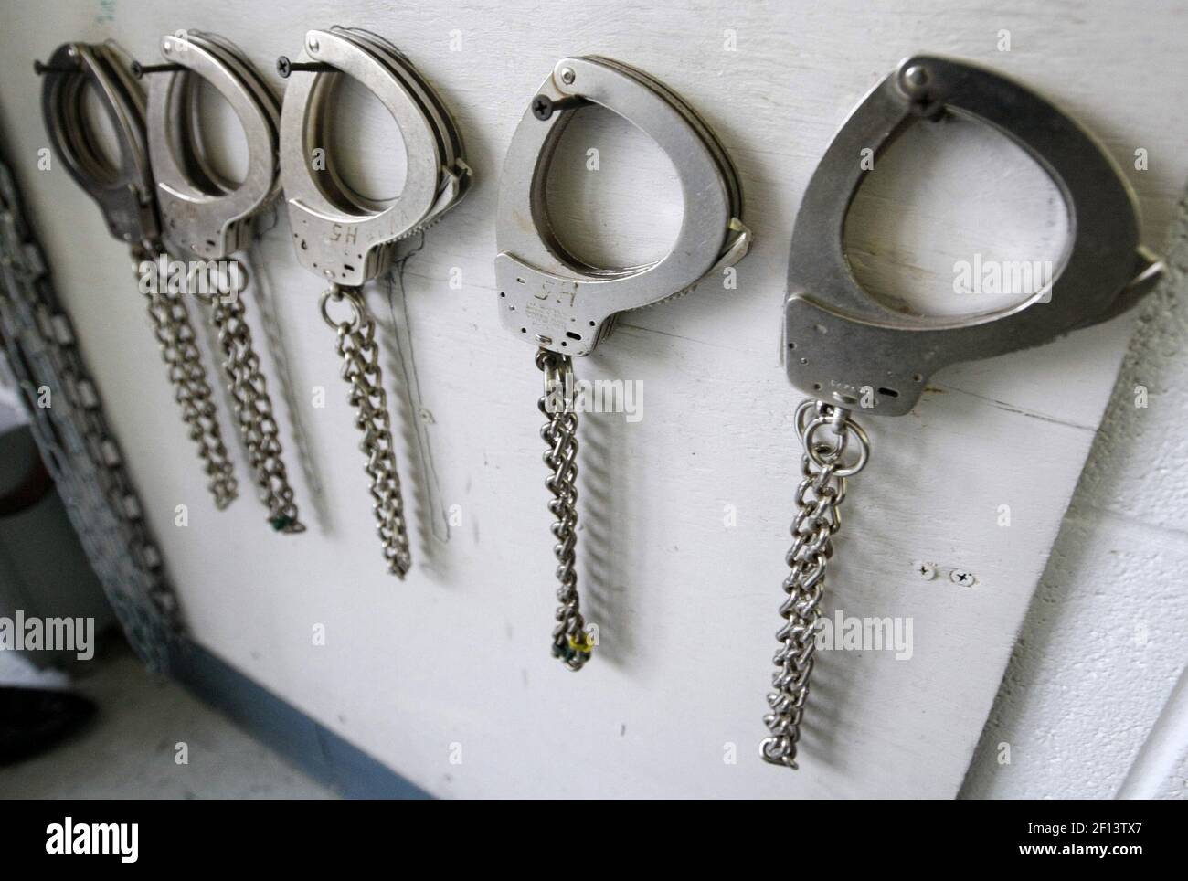 A row of shackles used to restrain inmates hangs at the Val Verde ...