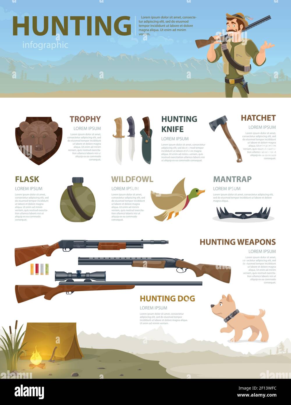 Colorful hunting infographic concept with hunter shotgun rifle dog trap ...
