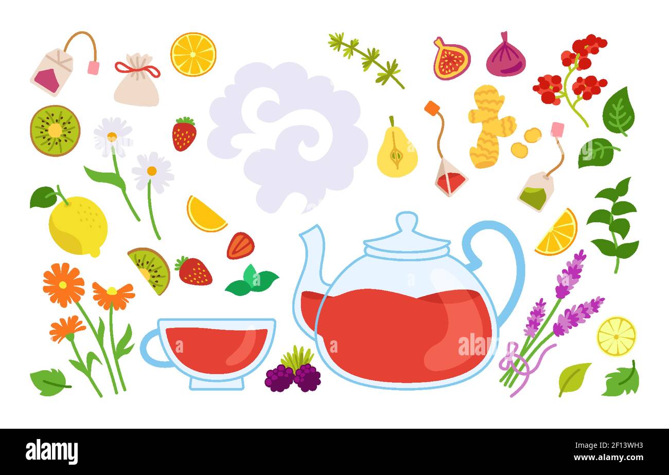 Hot tea herbs and fruits cartoon set. Teapot, cup tea time. Medical ...