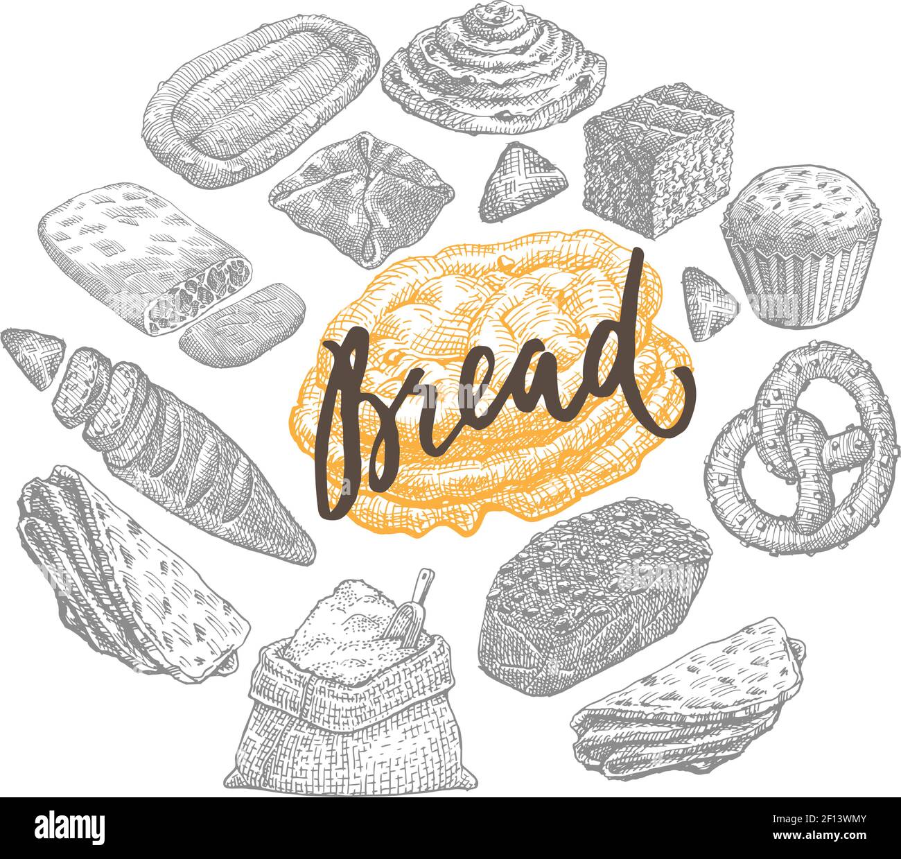 Hand drawn bakery concept with fresh bread and pastry products in ...