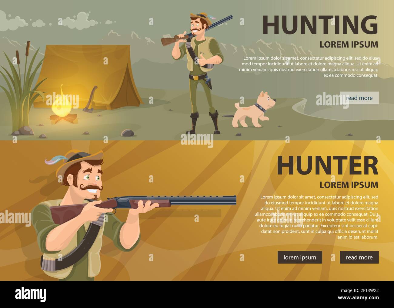 Hunting horizontal banners with hunter and dog standing near tent and ...
