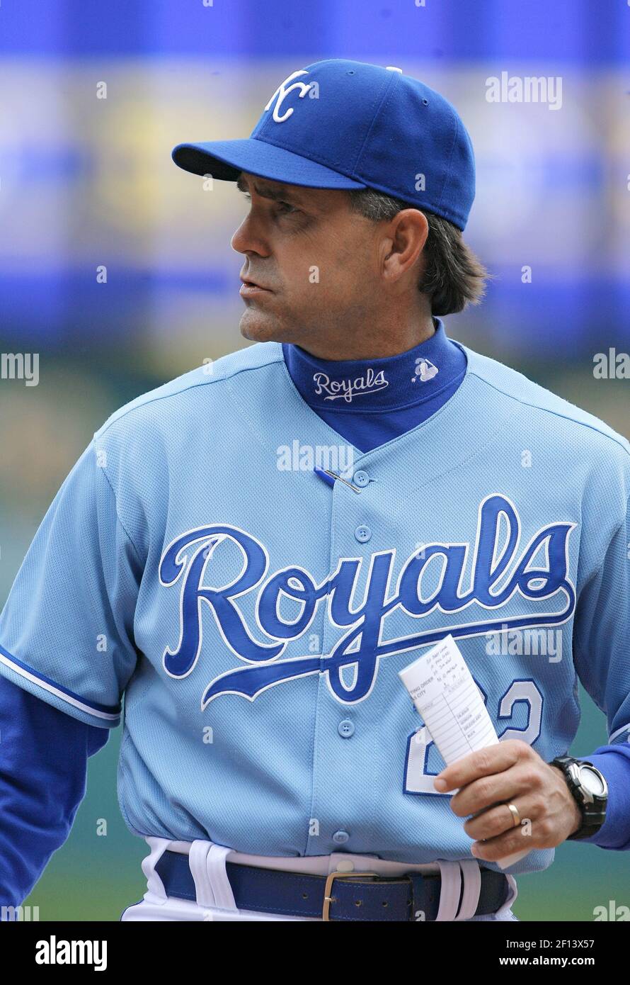 Kansas City Royals manager Trey Hillman walks back to the dugout after ...