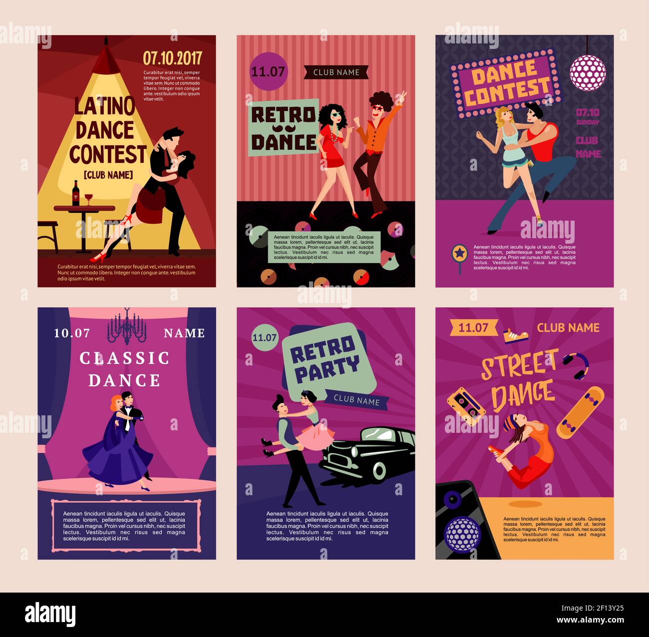 Colorful dancing people posters with dancers at different places in ...