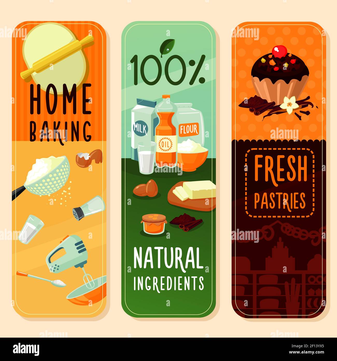 Baking ingredients vertical banners with kitchen tools and natural ...