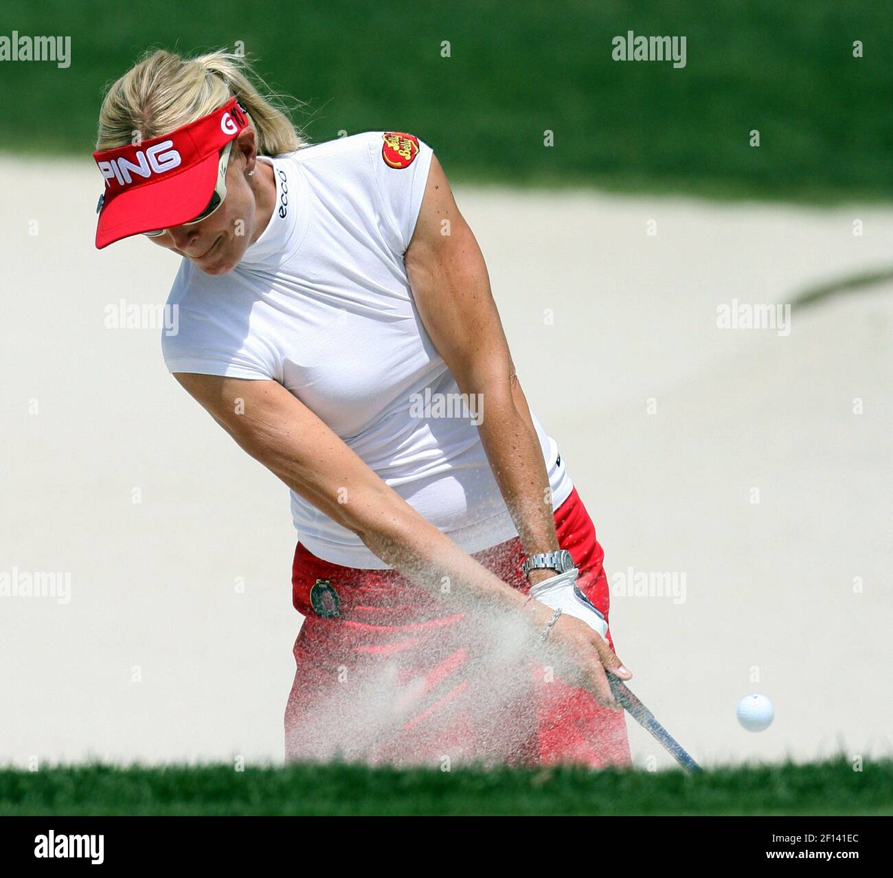 Carin Koch hits out of the sand bunker on the 17th hole during the ...