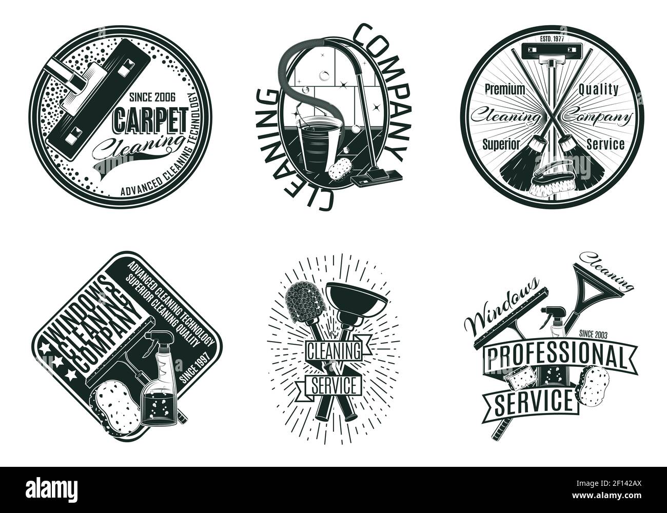 Monochrome cleaning company logos set with inscriptions tools ...