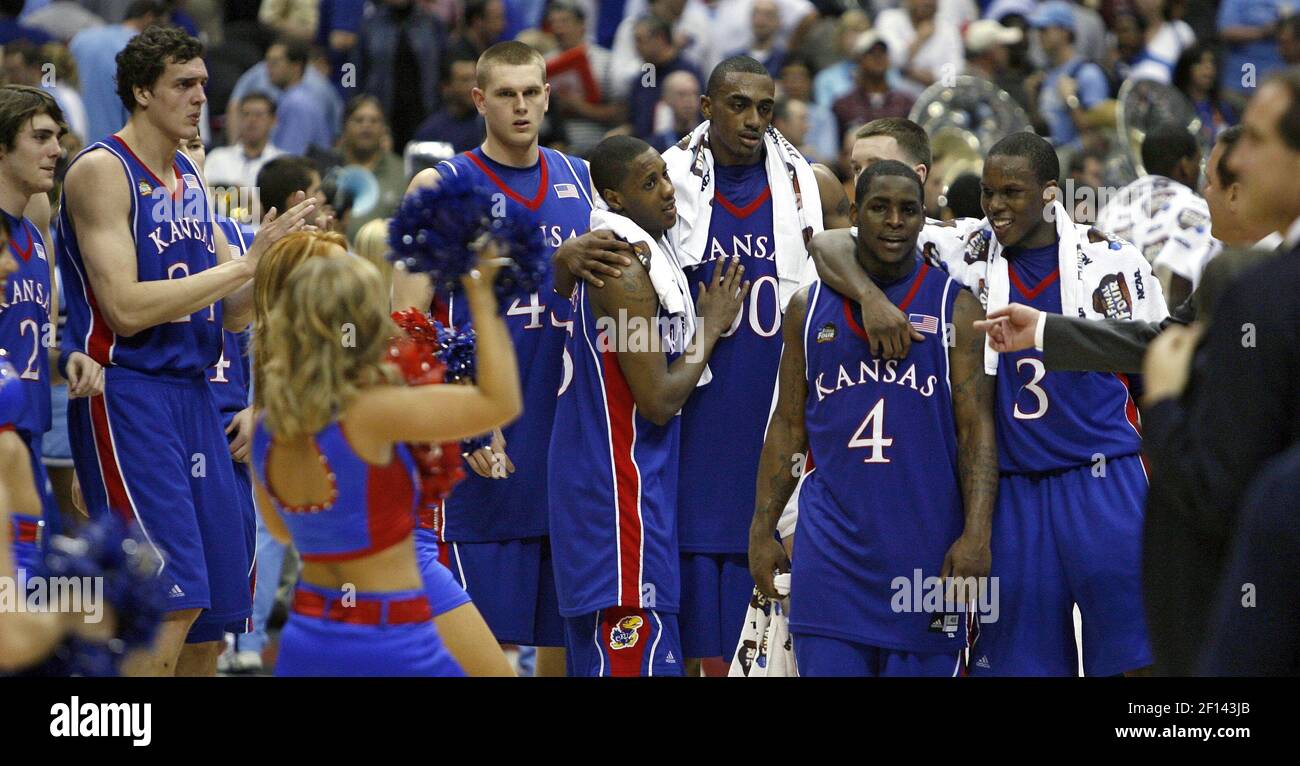 The Kansas team celebrates after defeating the North Carolina Tar Heels ...