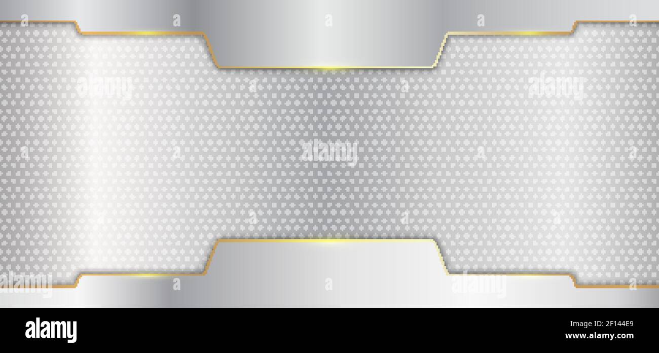 Abstract silver metallic stripes with gold line header on white ...