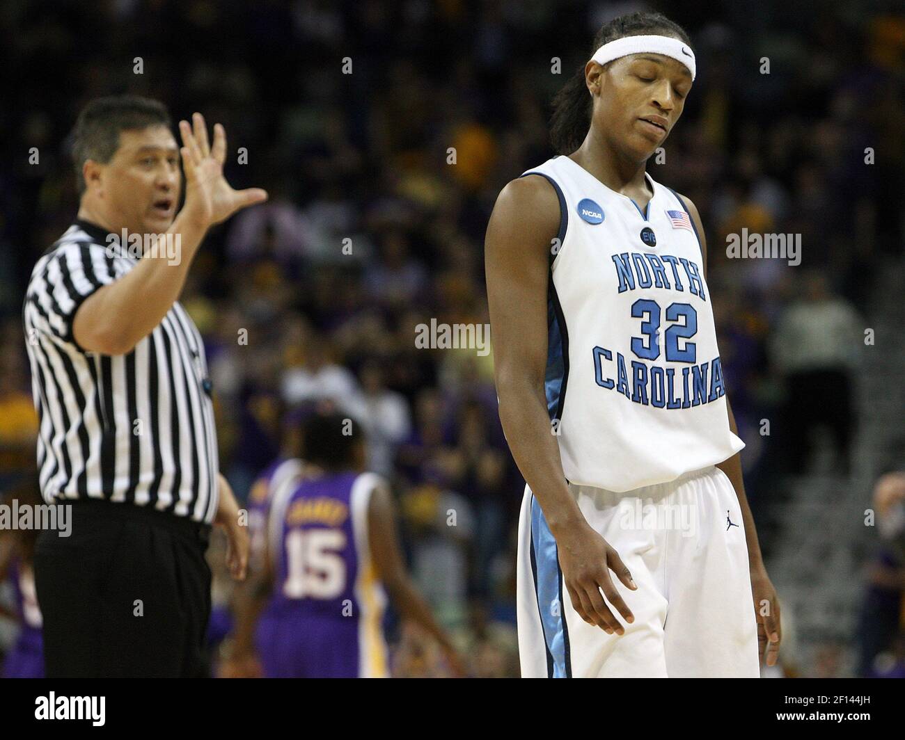 North Carolina's Rashanda McCants (32) leaves the court after fouling ...