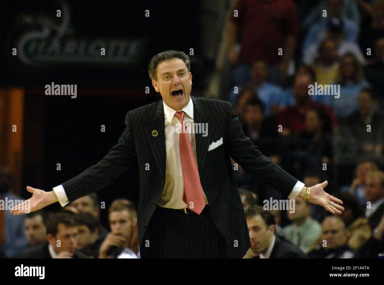 Louisville head coach Rick Pitino is unhappy with a call in first half ...