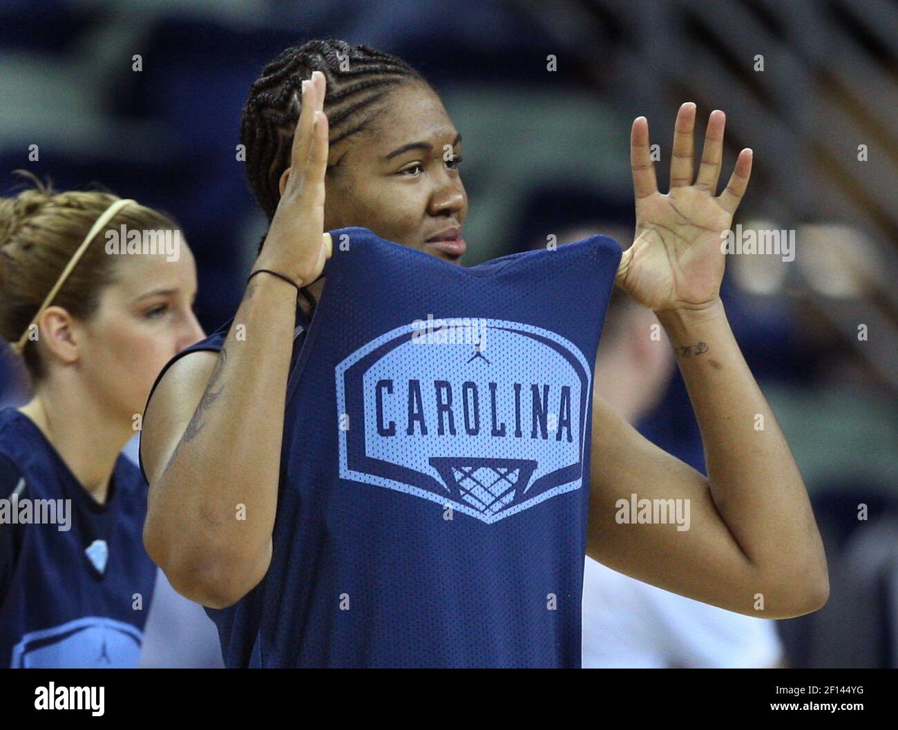 North Carolina's Erlana Larkins (2) flaunts her practice jersey to ...