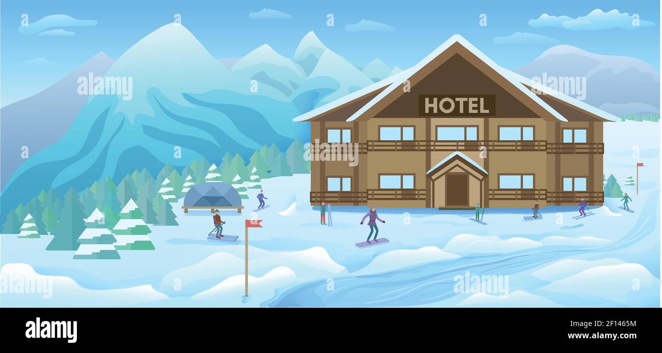 Winter resort background with hotel building skiing snowboarding people ...