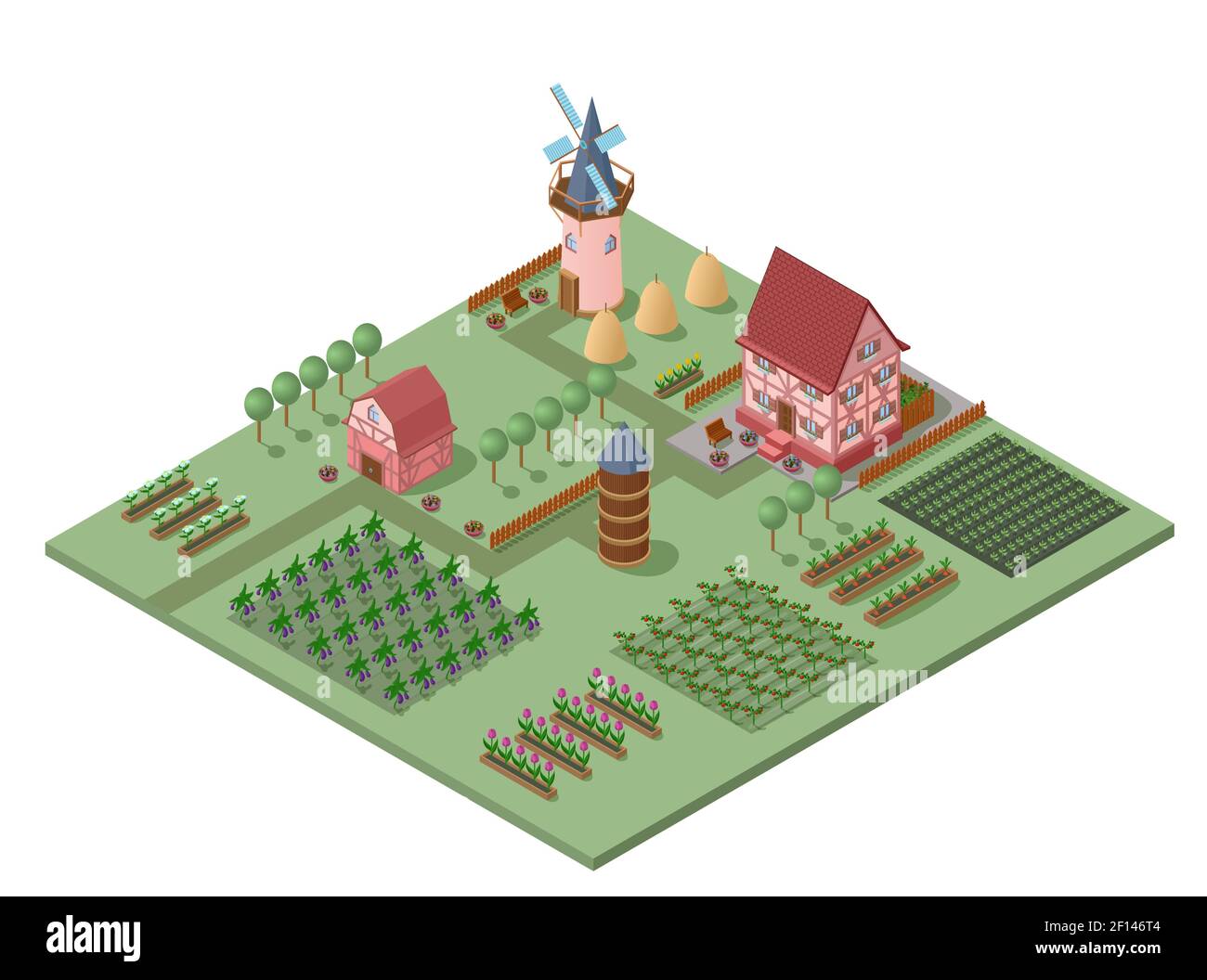 Isometric agricultural landscape template with farming buildings green ...