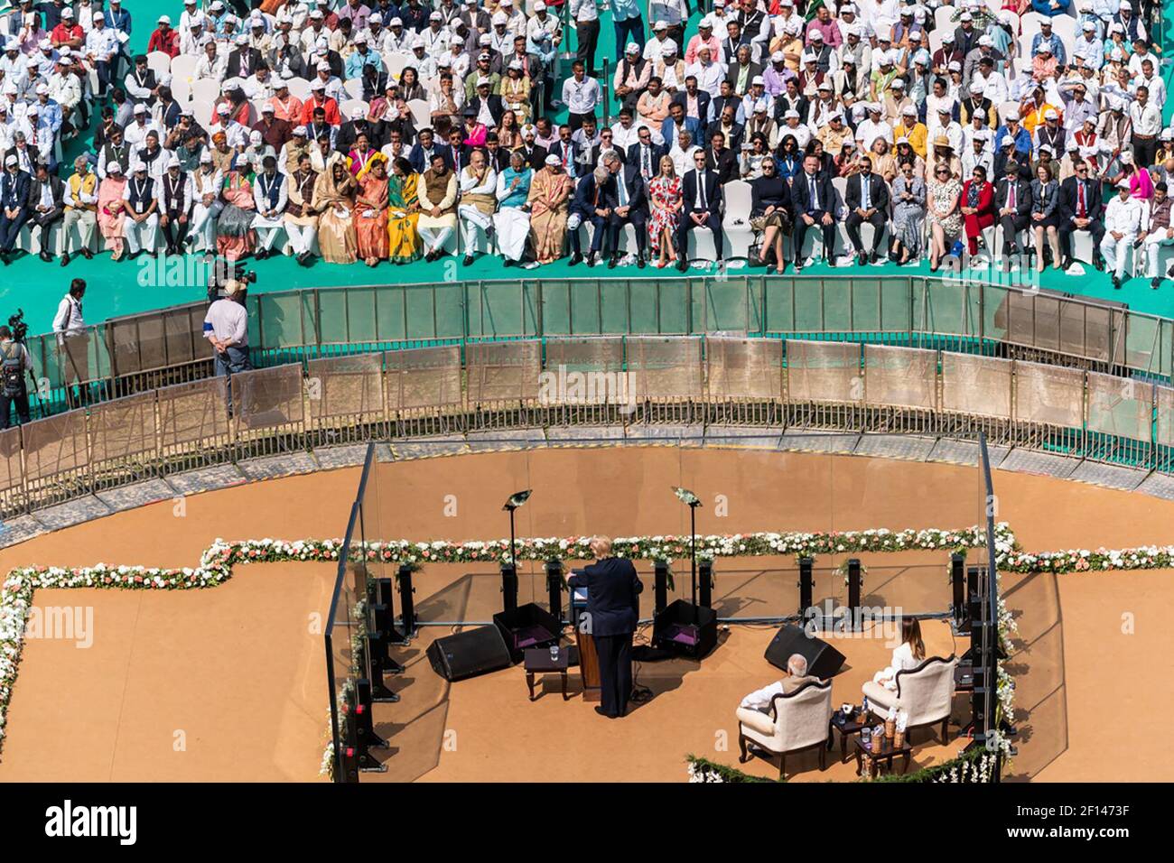 President Donald Trump addresses his remarks at the Namaste Trump Rally ...