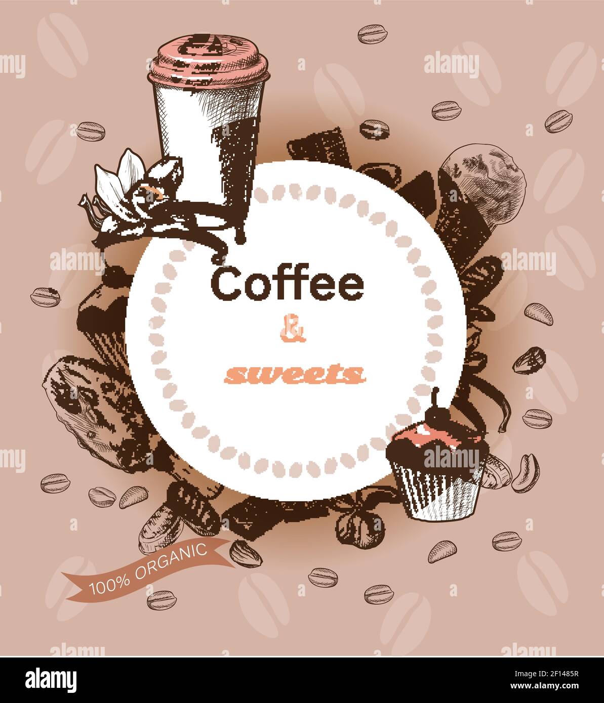 Hand drawn hot coffee template with chocolate bars nuts vanilla ice ...