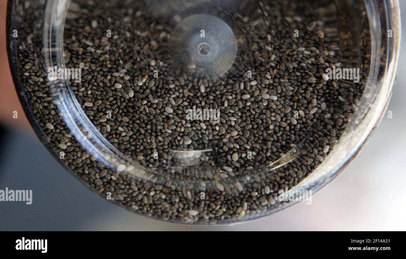 The new health rage, chia seeds, appears in a close up view through a ...