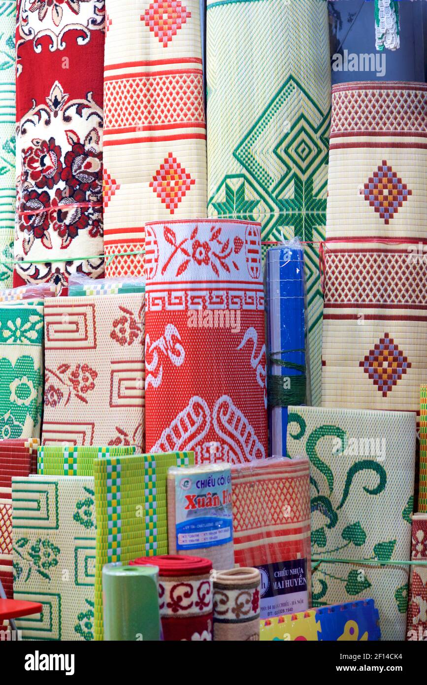 Selection of woven matting for sale at market. Hanoi, Vietnam Stock ...