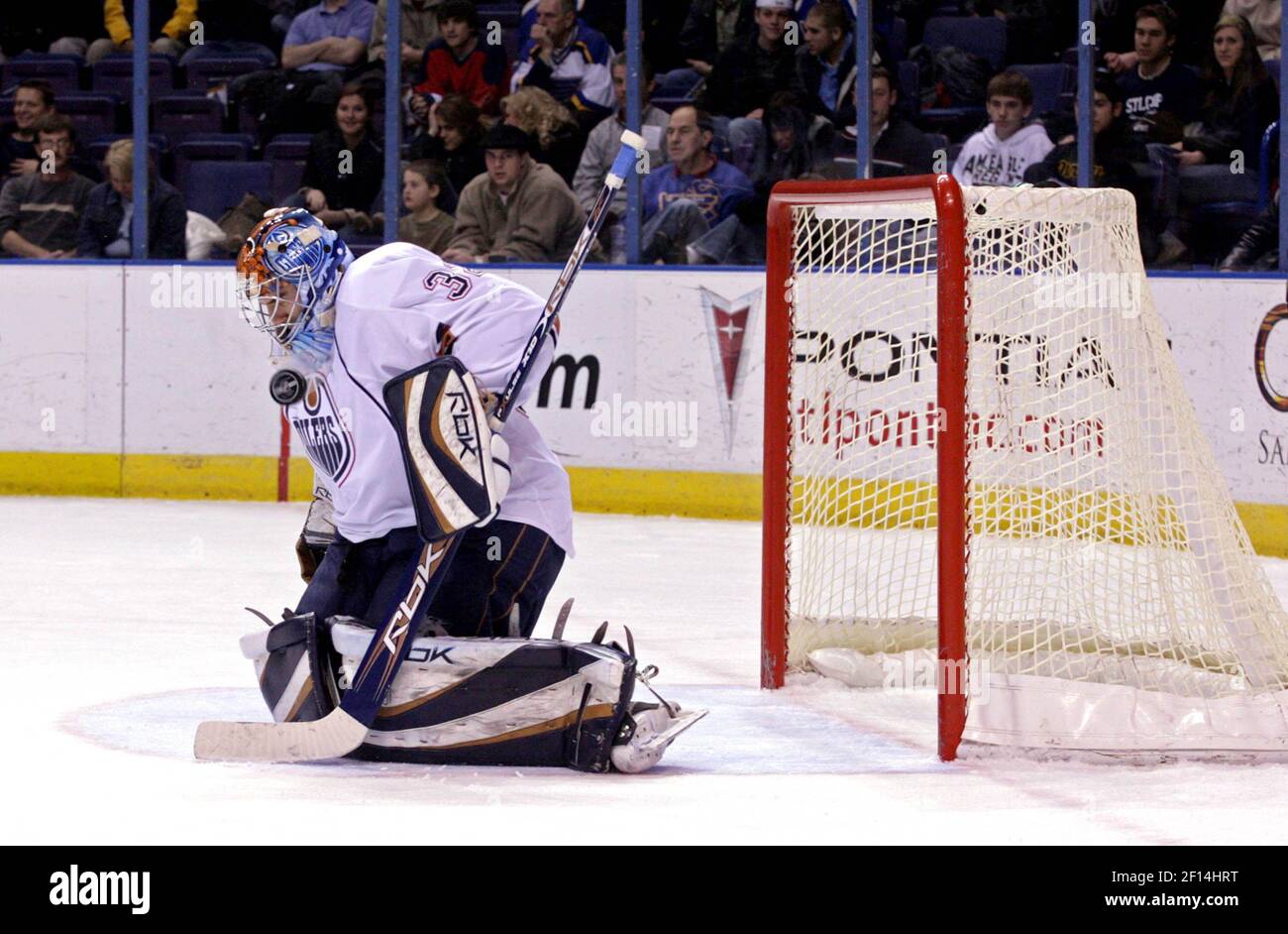 Edmonton Oilers goaltender Mathieu Garon blocks a shot late in the ...