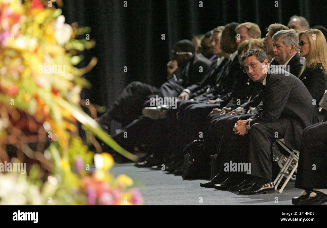 Washington Redskins owner Dan Snyder looks towards the casket at the ...