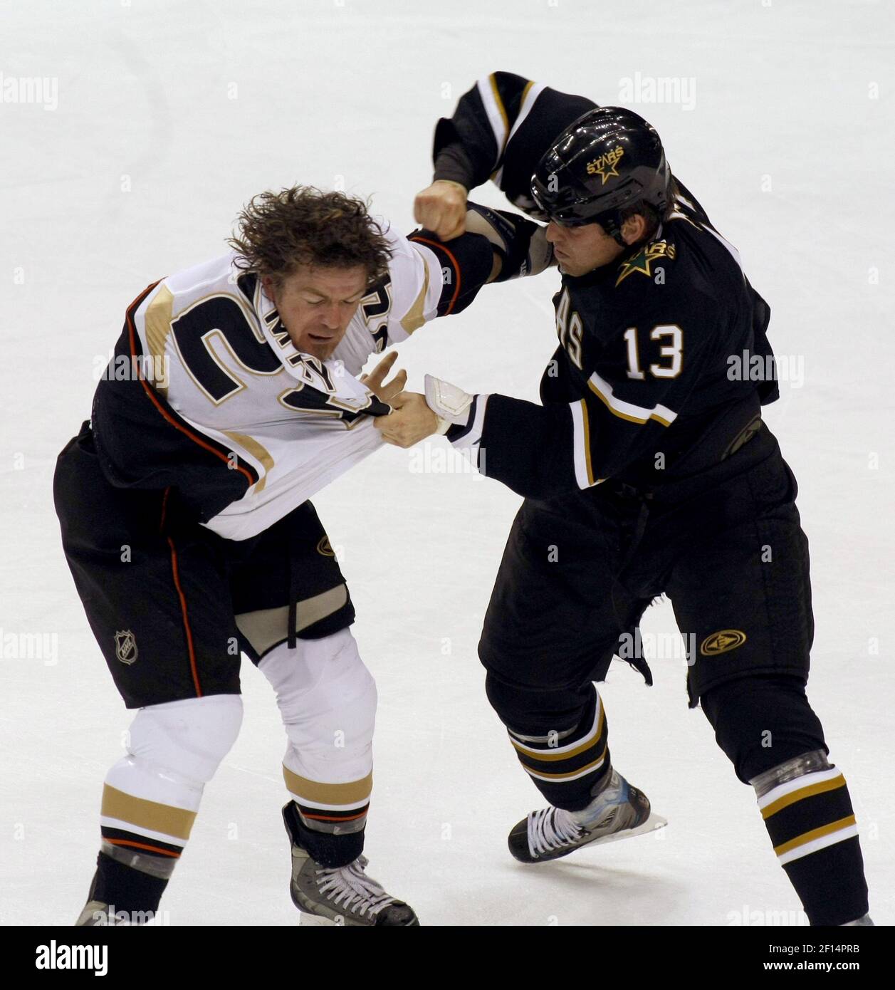 Anaheim Mighty Ducks Brad May and Dallas Stars Krys Barch fight during ...