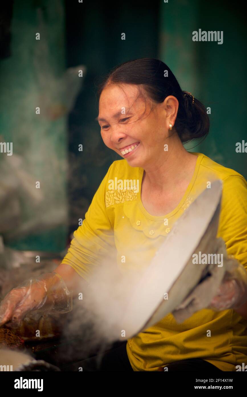 Vietnamese woman cooking dumplings in a steaming pot. Thanh Liêm, Hà ...