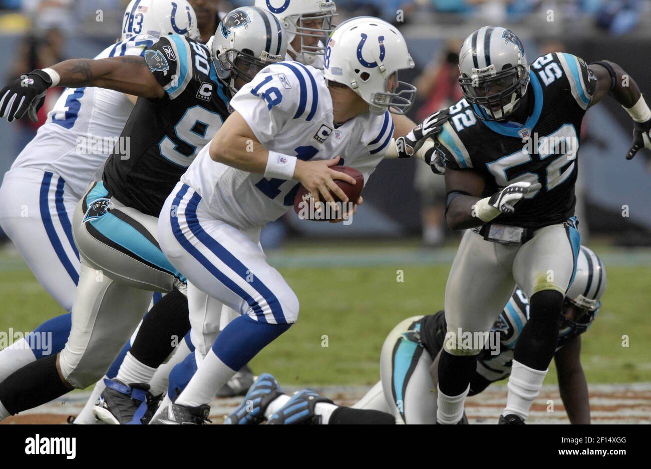 Carolina Panthers Julius Peppers (90) and Jon Beason (52) pressure ...
