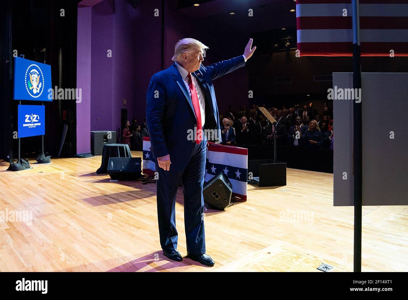 President Donald Trump waves farewell following his address at the 2019 ...