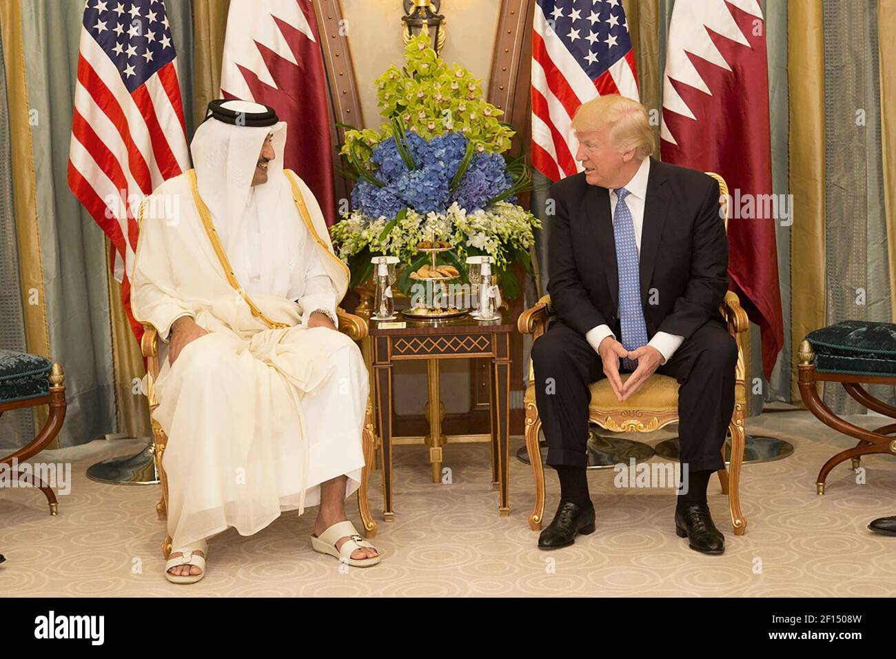 President Donald Trump meets with the Emir of Qatar during their ...