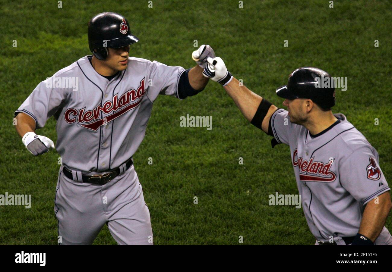 Cleveland Indians Travis Hafner greet Grady Sizemore (left) who hit a ...