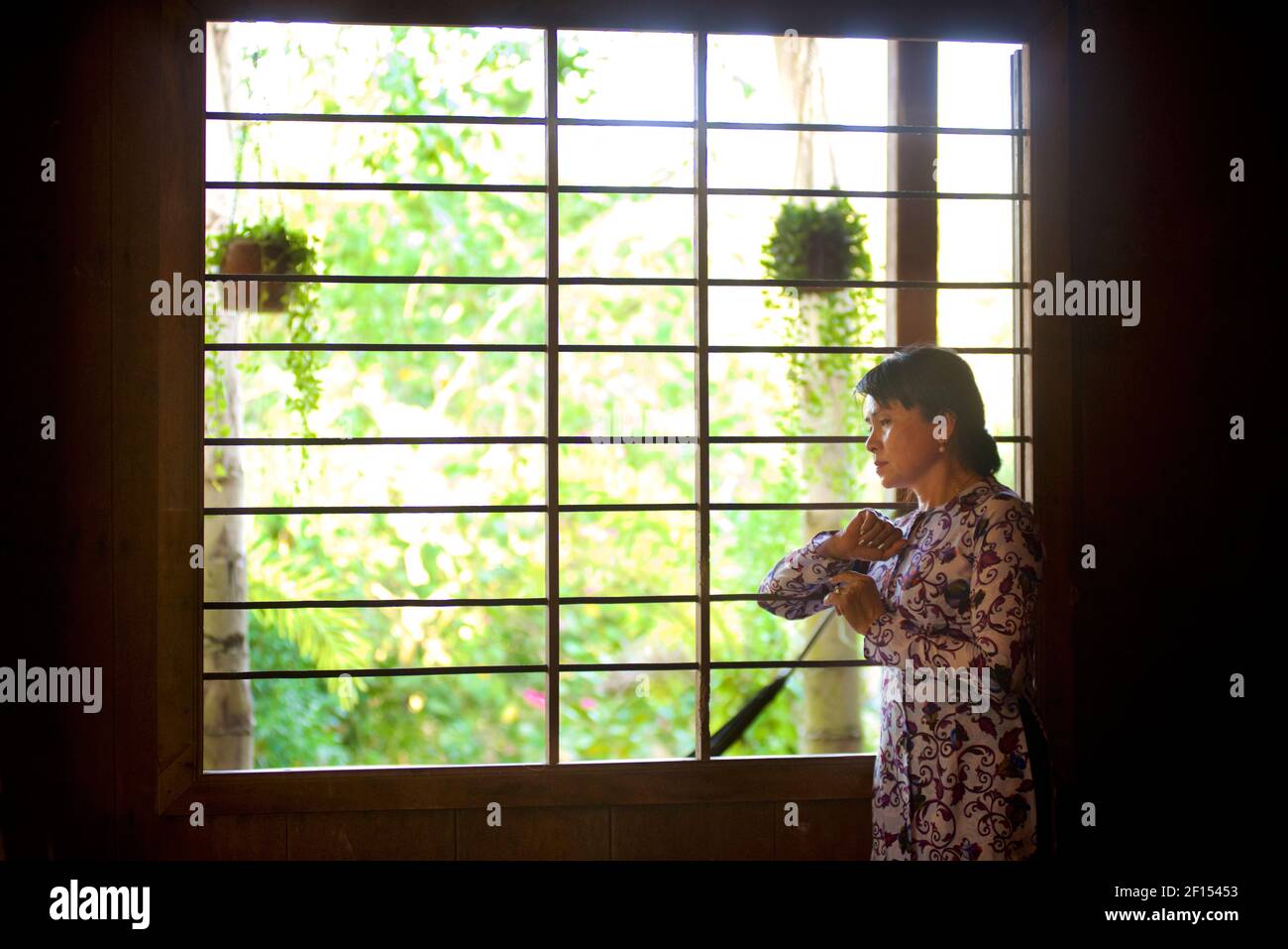 Vietnamese woman standing in a backlit window, Can Tho, Mekong Delta ...