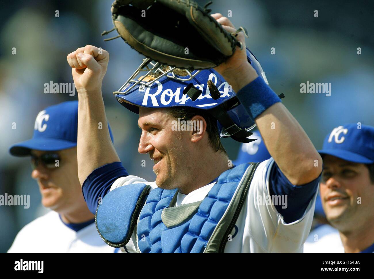 Kansas City Royals catcher John Buck raised his hands in victory after ...