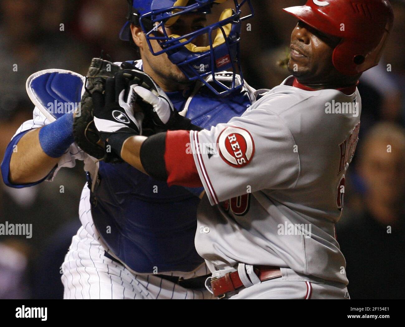 Chicago Cubs catcher Geovany Soto tags out Cincinnati Reds' Norris ...