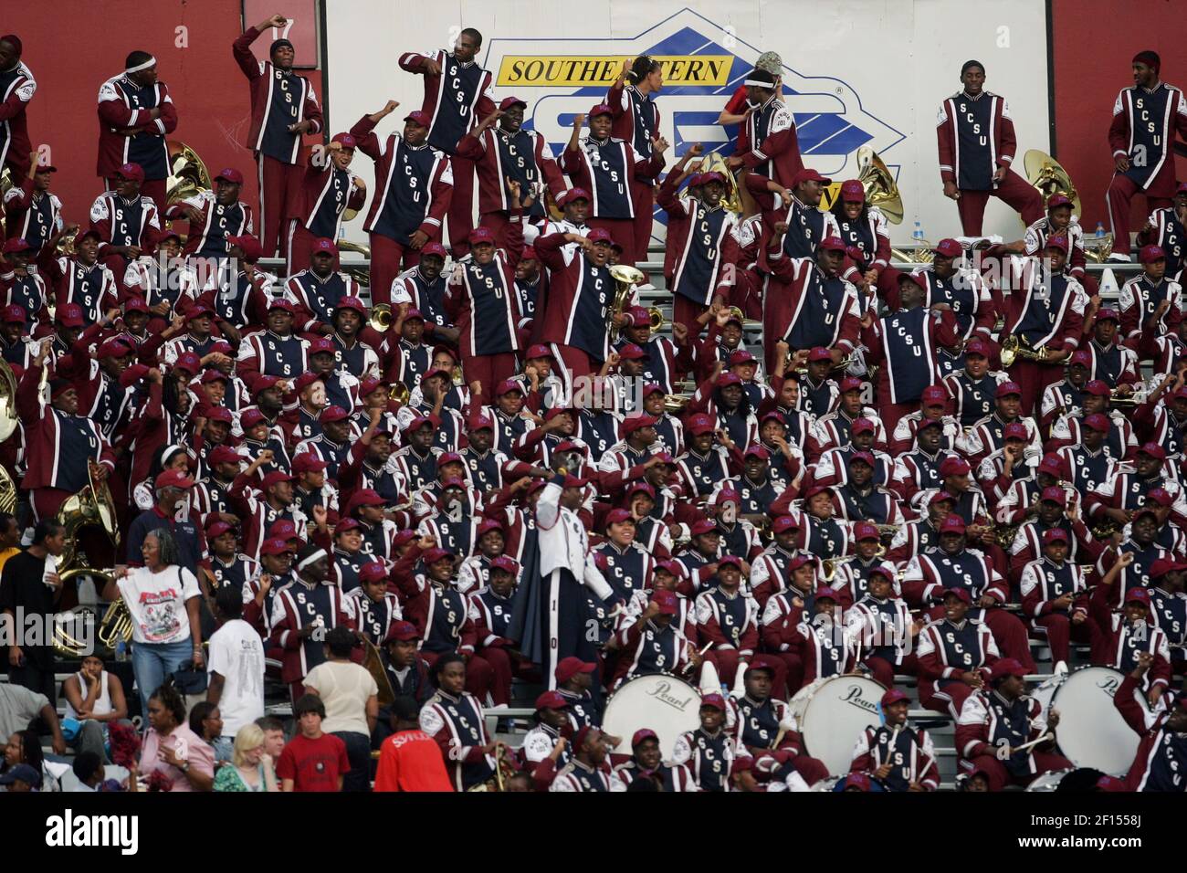 South Carolina State University band members cheer from the stands as ...