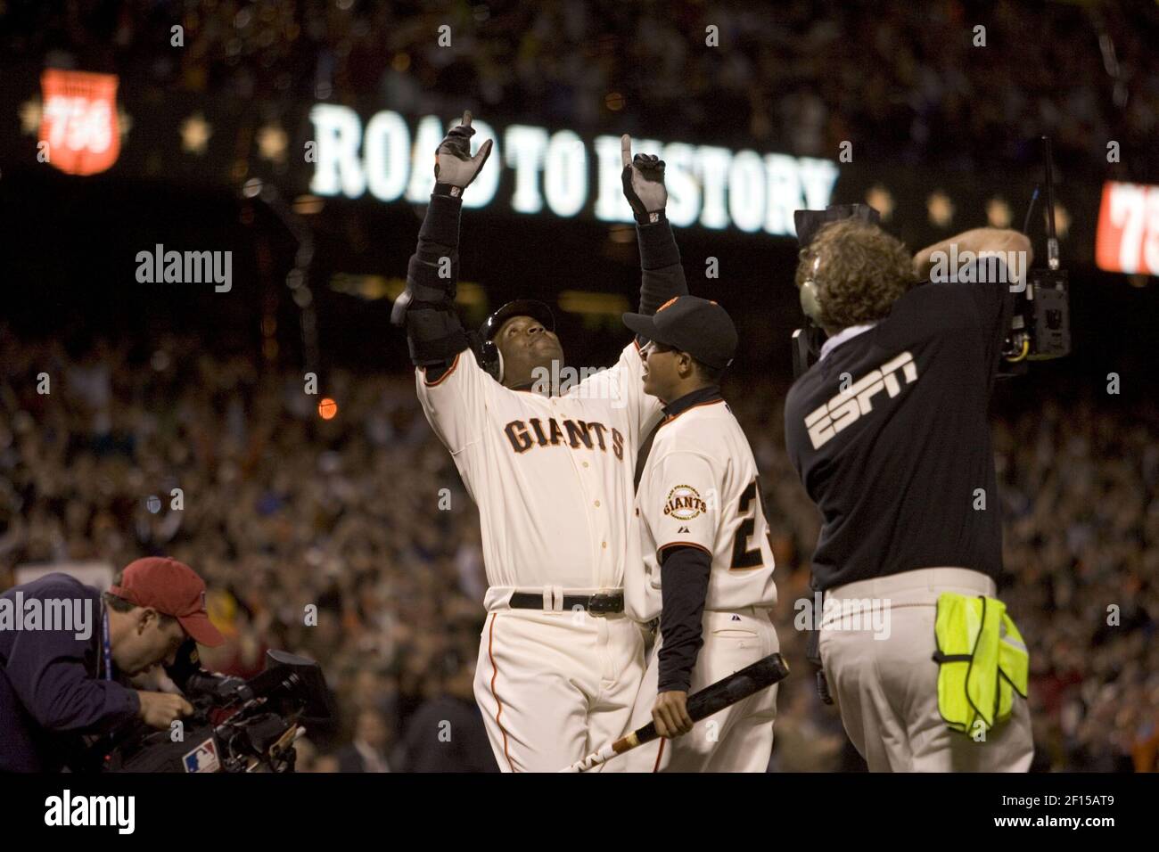 San Francisco Giants' Barry Bonds celebrates home run number 756 in the ...