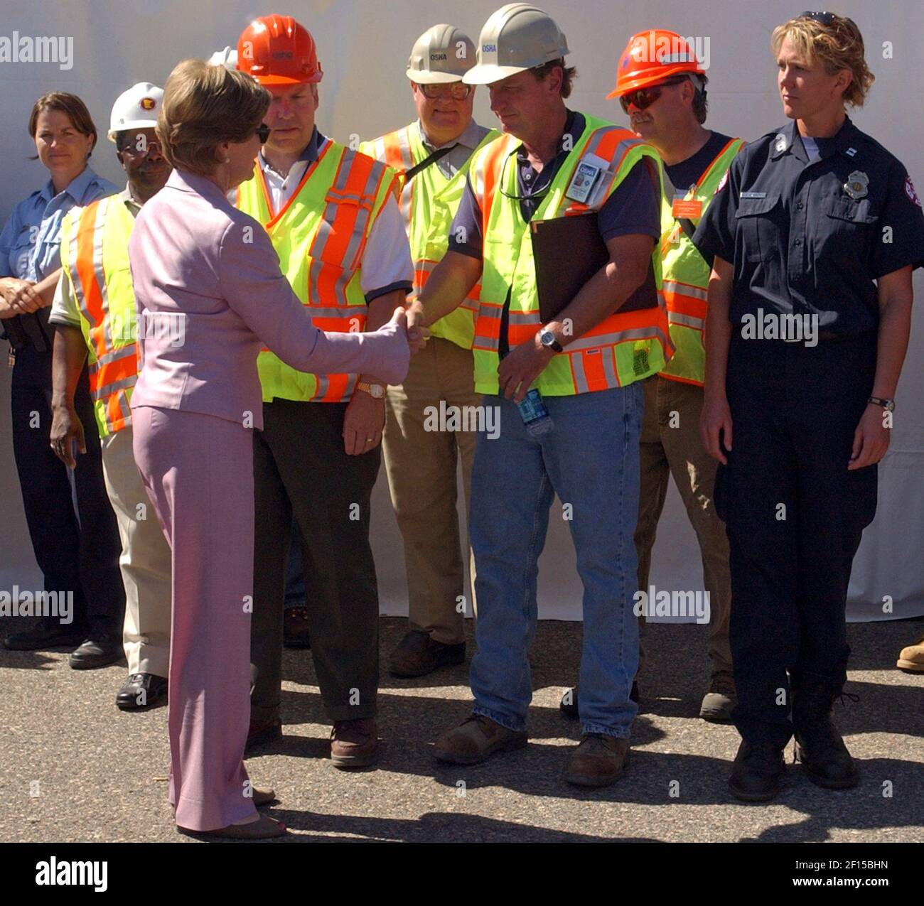 First lady Laura Bush thanks first responders after she viewed the ...