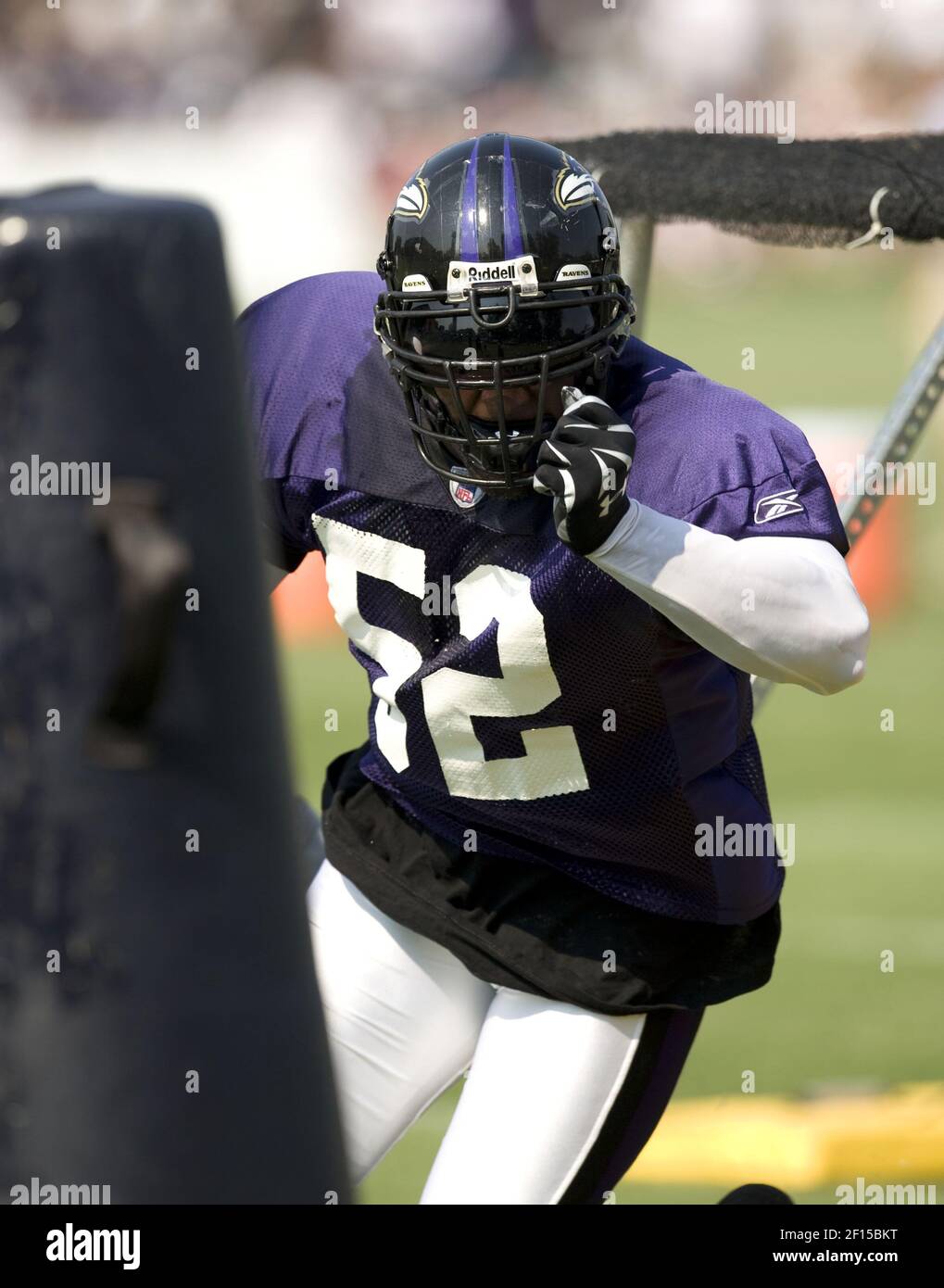 Baltimore Ravens linebacker Ray Lewis lines up on a tackling dumy ...