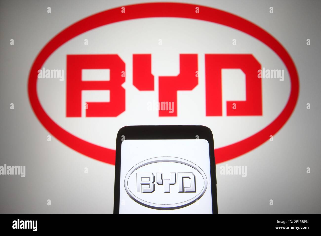 In this photo illustration a BYD logo of an automotive Chinese ...