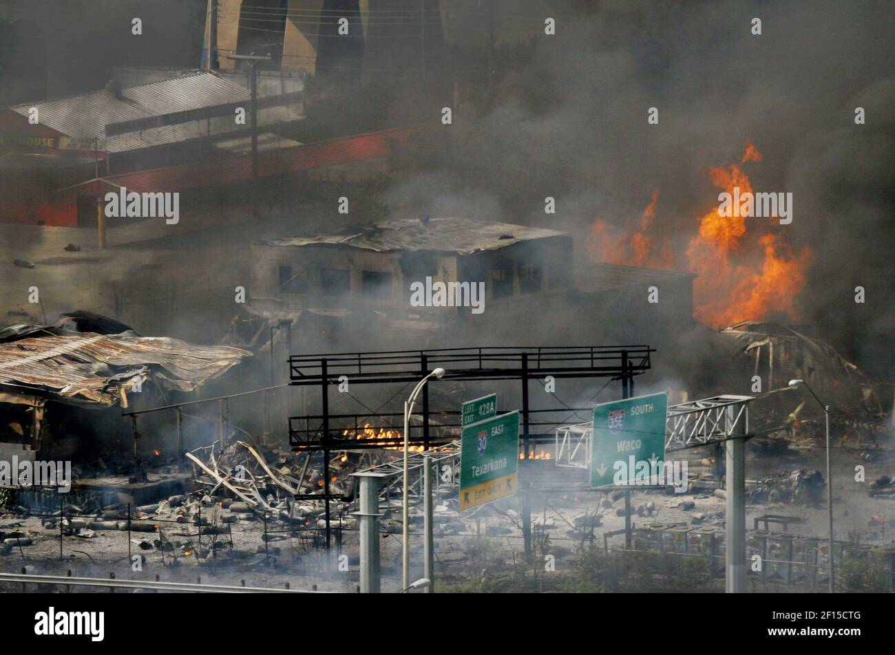In this aerial view, debris from an explosion and fire at Southwest ...