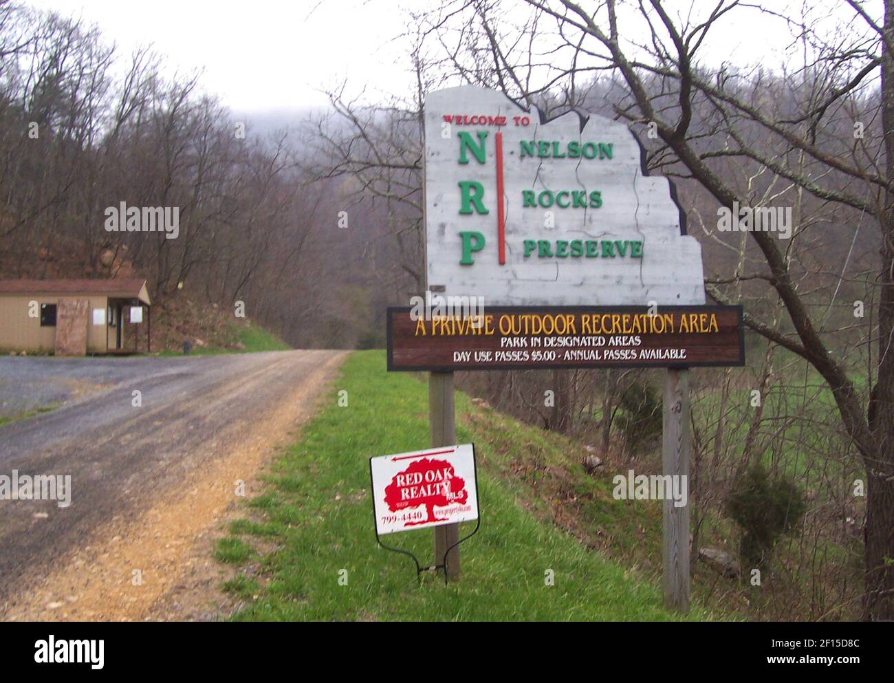 A sign welcomes visitors to the Nelson Rocks Preserve, a privately ...