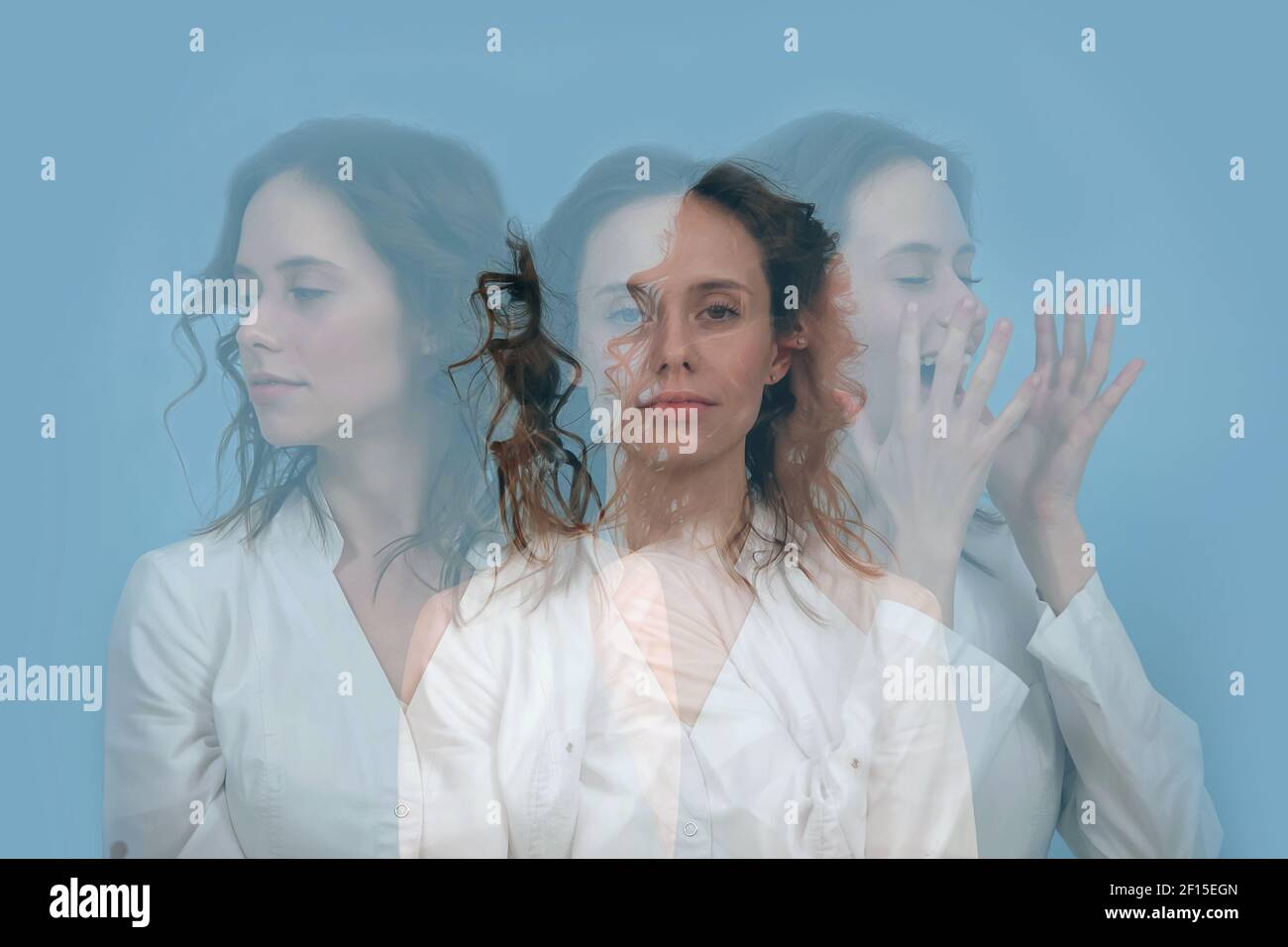 Emotional triple exposure portrait of a woman, facing three different ...