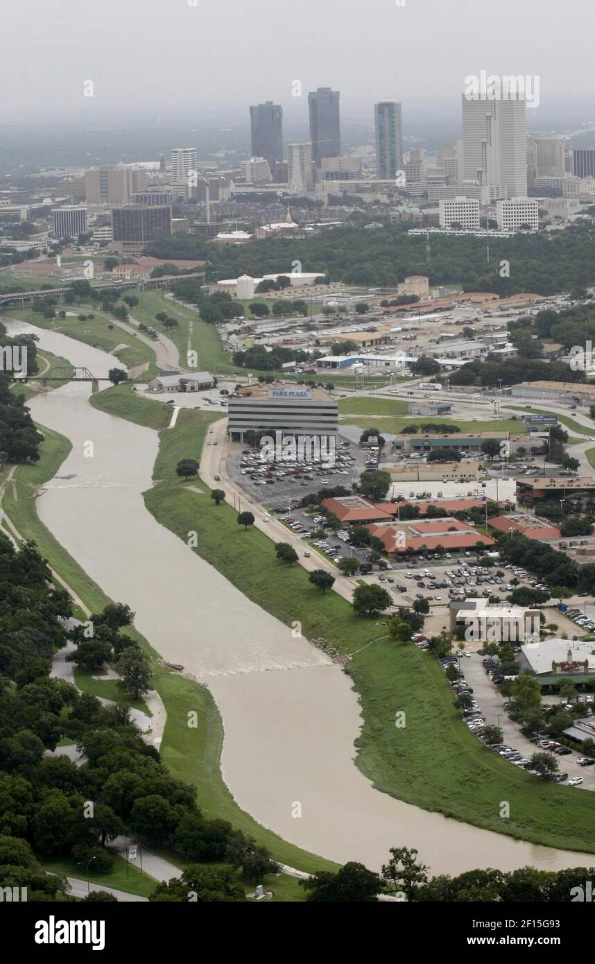 An aerial photo is taken of the Trinity River near Trinity Park in Fort ...